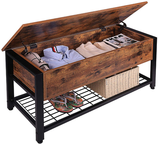 Homekoko Industrial Storage Bench Wood Entryway Lift Top Shoe Storage HOMEKOKO